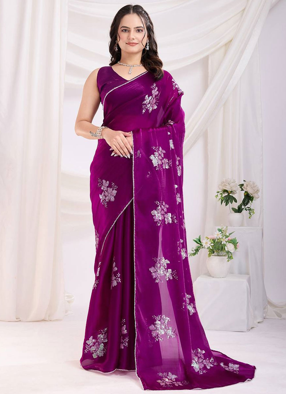 Shop Striking Purple JIMMY CHU Trendy Saree with Embroidered and Stone ...