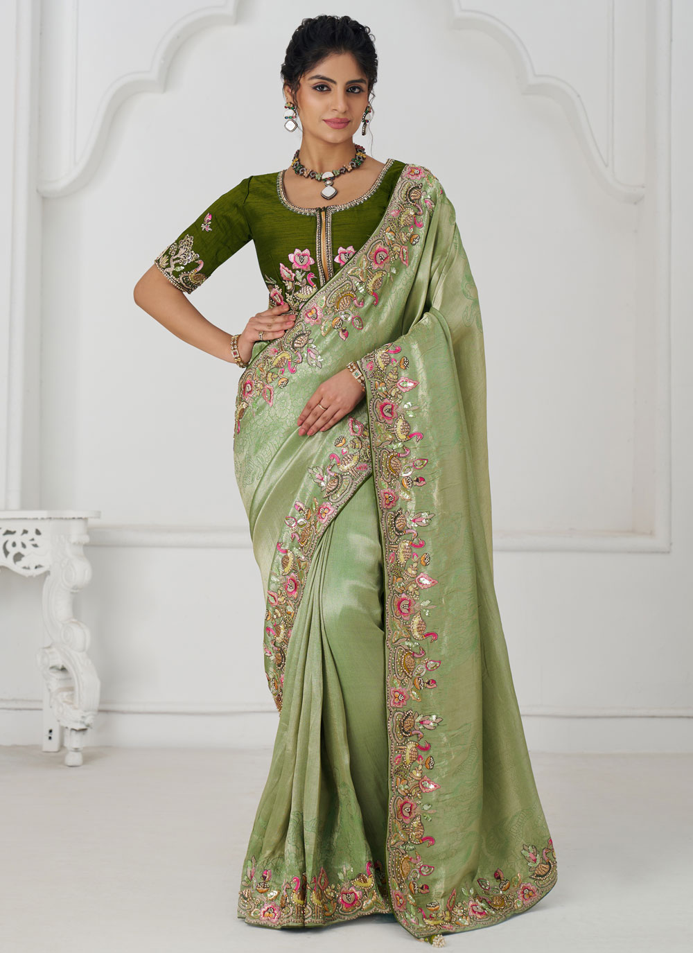Buy Thrilling Green Viscose Trendy Saree with Embroidered, Stone ...