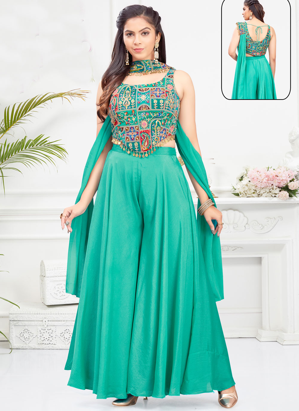 Turquoise Embroidered, Stone and Thread Work Georgette Salwar Suit Buy ...